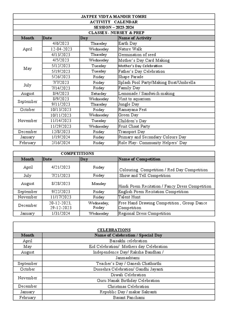 Nursery & Prep Activity Calendar | PDF | Religious Festivals | Traditions