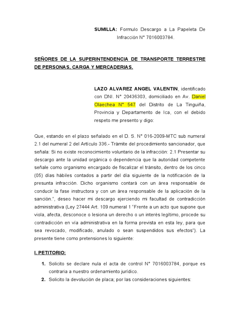 DESCARGO Infracción de Transito | PDF | Justicia | Crimen y violencia