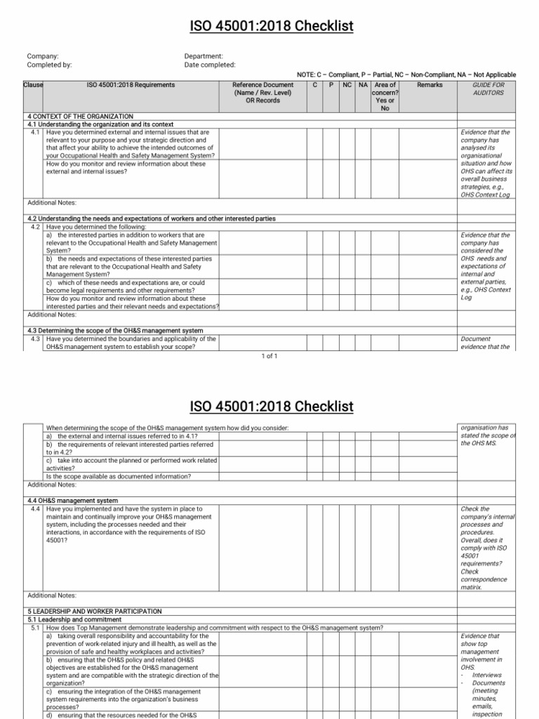 ISO 45001 2018 Checklist | PDF