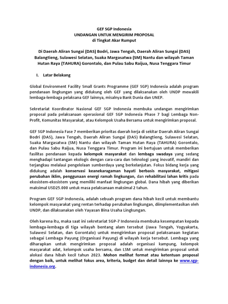 Call For Proposal Mitra GEF SGP Indonesia Di Tingkat Akar Rumput 2023 | PDF | Sains & Matematika