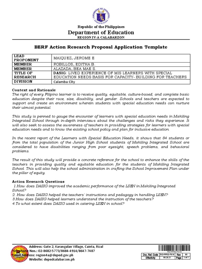 Action Research Proposal Template V2 | PDF | Inclusion (Education ...