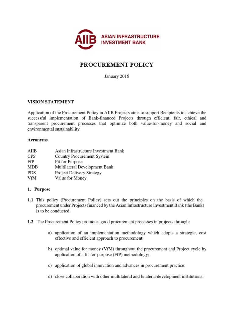 Aiib Procurement Policy | PDF | Procurement | Banks