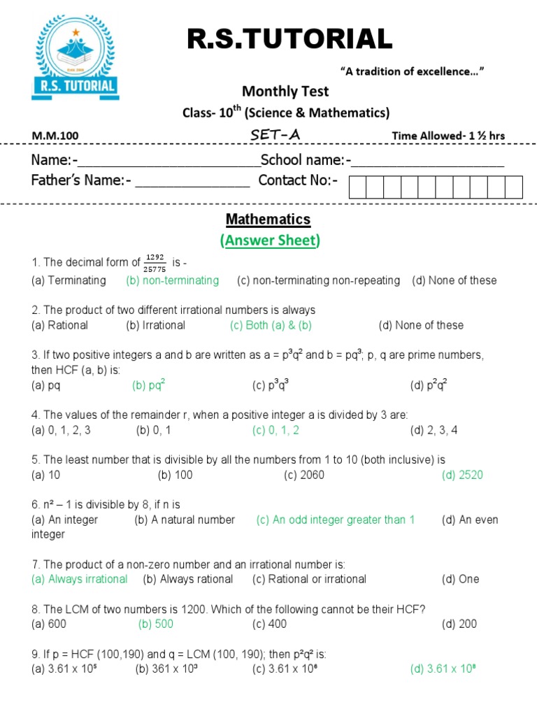 Class 10 TH Set-A - Answer Sheet | PDF | Mirror | Chemical Reactions