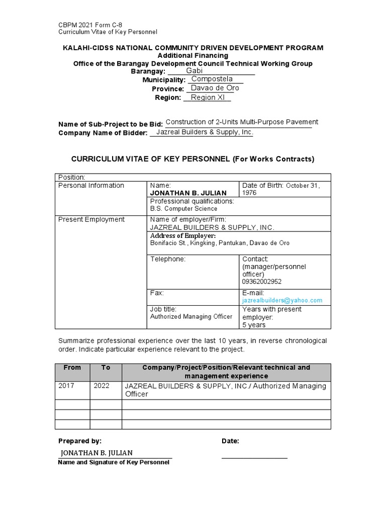 CVs of Key Personnel for KALAHI-CIDSS | PDF | Engineering | Business