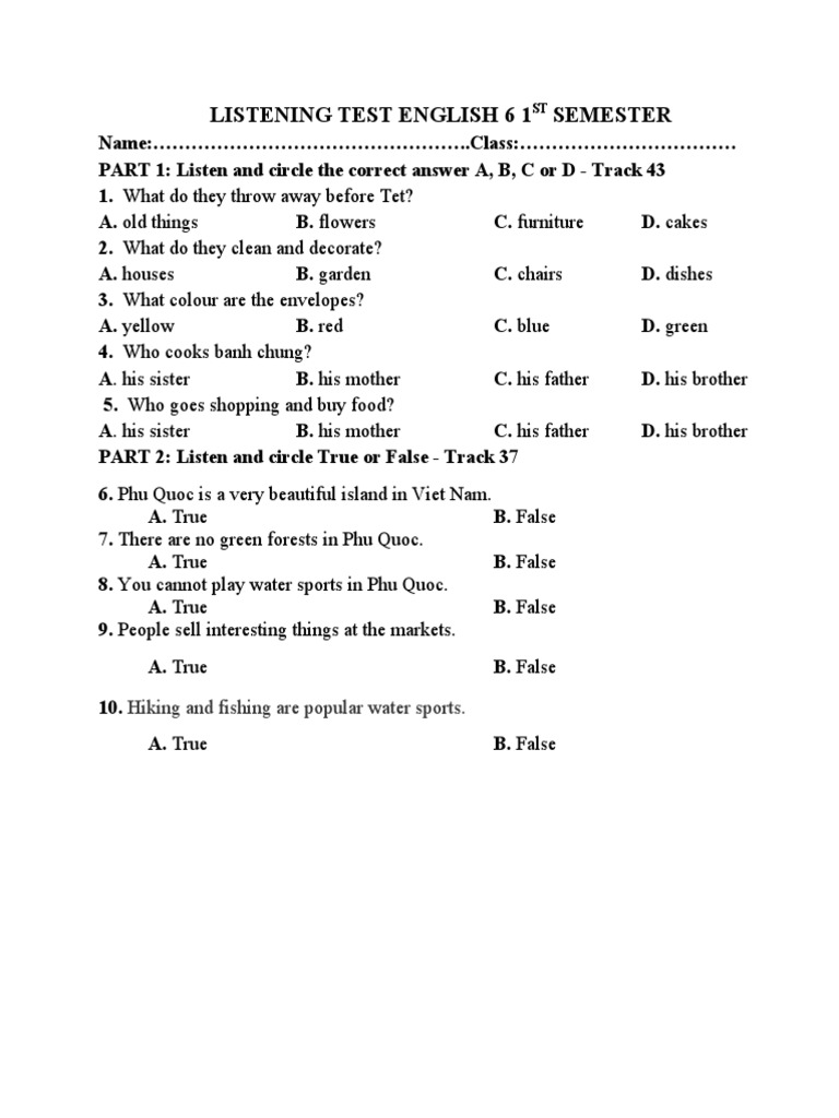 English Listening Test for Grade 6 | PDF