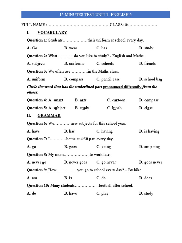 15 Mins Test Unit 1 E6 Pdf