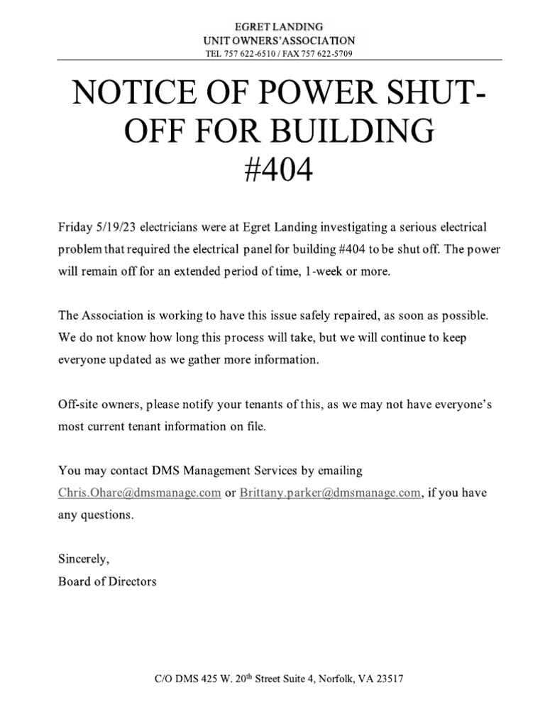 Notice of Power Shutoff For Building | PDF
