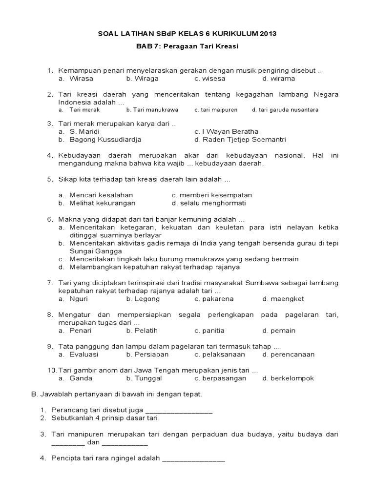 SOAL LATIHAN SBDP Kls 6 Peragaan Tari Kreasi Dan Teknik Mmbuat Patung | PDF