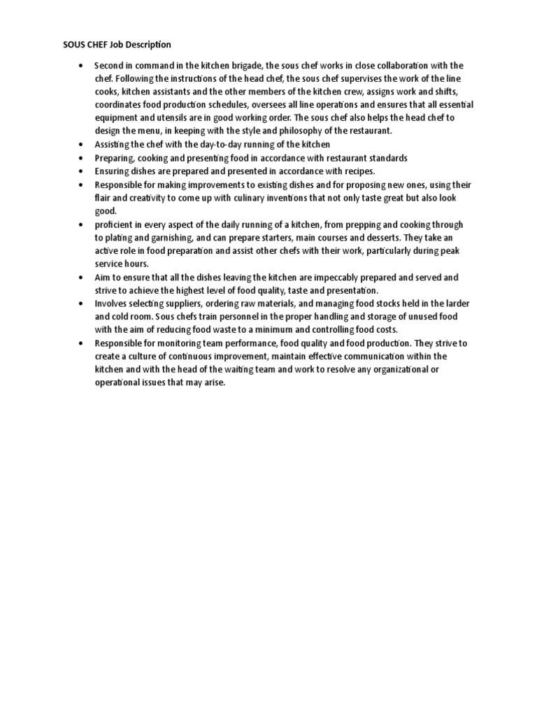 SOUS CHEF Job Description | PDF | Cooking, Food & Wine