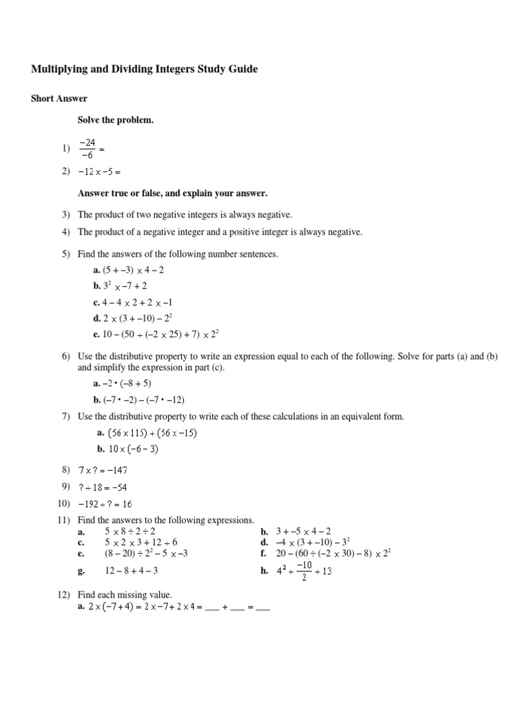 Multiplying and Dividing Integers Study Guide | PDF | Mathematical ...