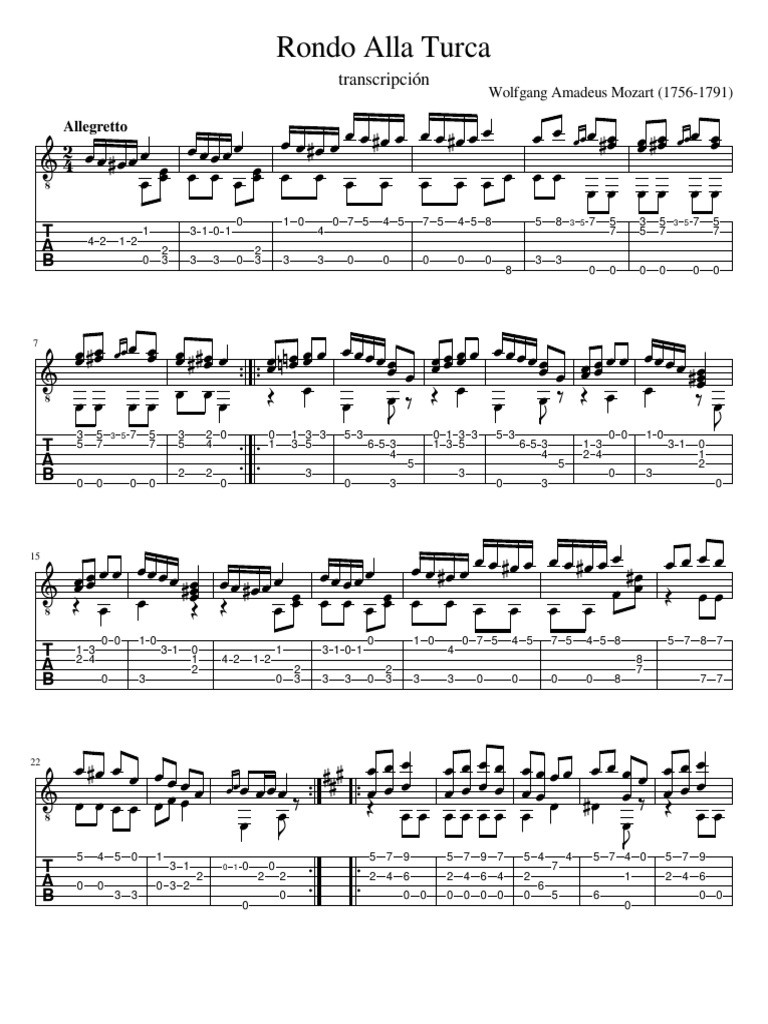 Rondo_Alla_Turca_-_guitarra | PDF | Composiciones Musicales | Piano