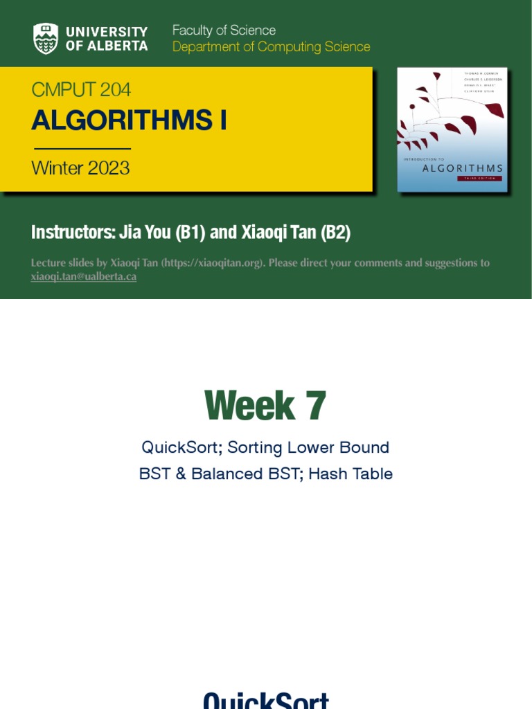 Cmput204 Week 7 QuickSort SLB BST HashTable Handout | PDF | Time ...