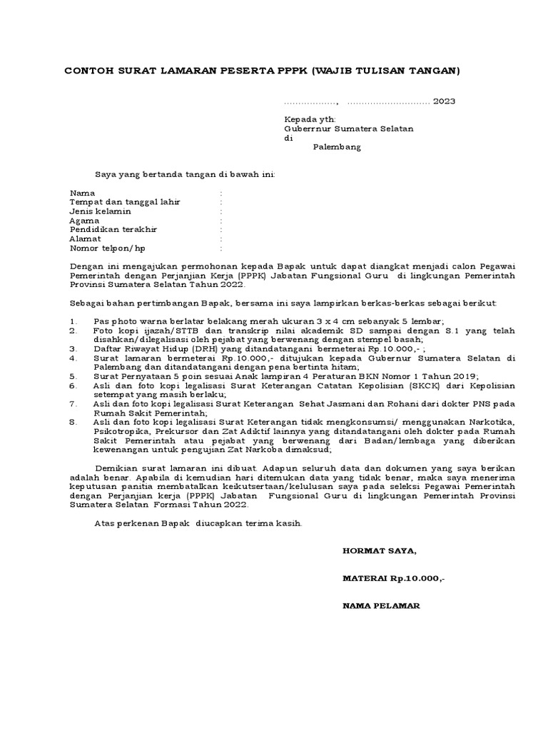 Contoh Surat Lamaran Peserta PPPK | PDF