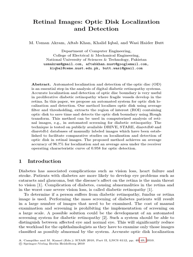 Retinal Images: Optic Disk Localization and Detection | PDF | Retina | Light