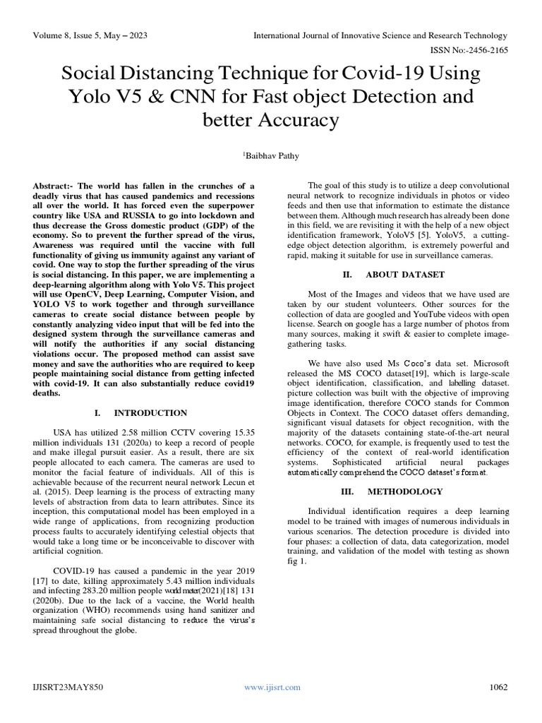 Social Distancing Technique For Covid-19 Using Yolo V5 & CNN For Fast Object Detection and ...