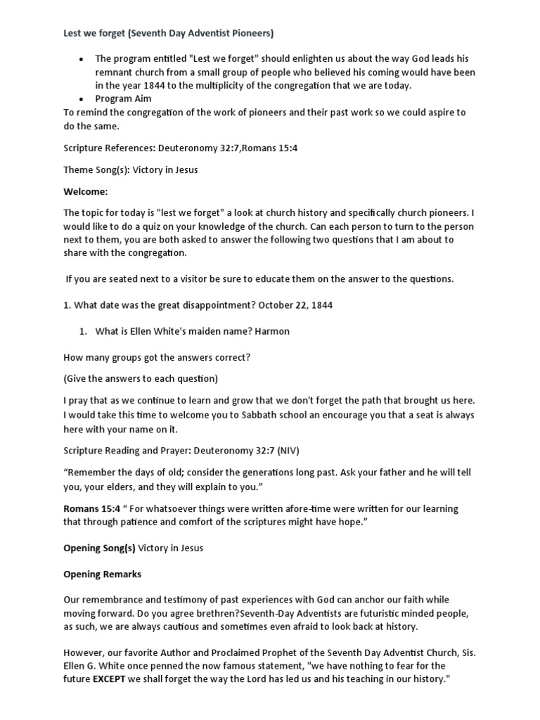 Script For Sabbath School Skit Featuring The Pionners of The Church ...