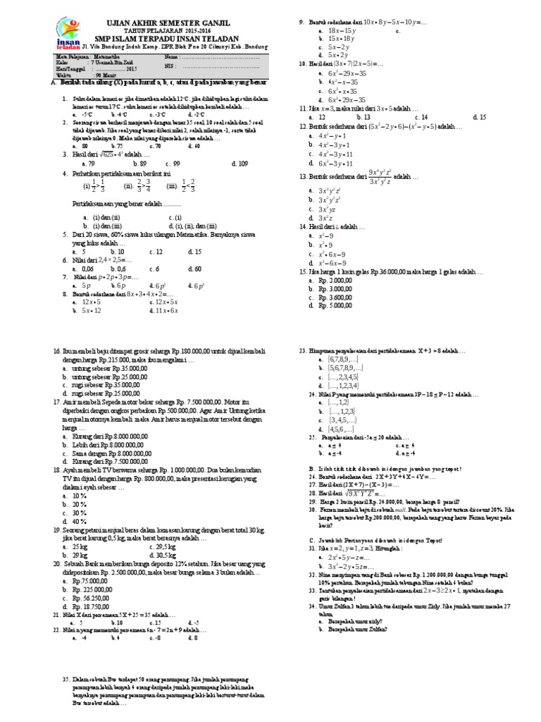 UAS MTK Kls 7 Semester 1 KTSP | PDF