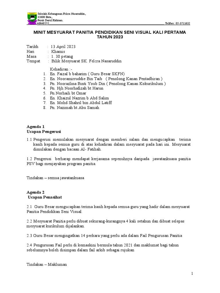 Minit Mesyuarat P. Seni Kali Pertama Tahun 2023 | PDF