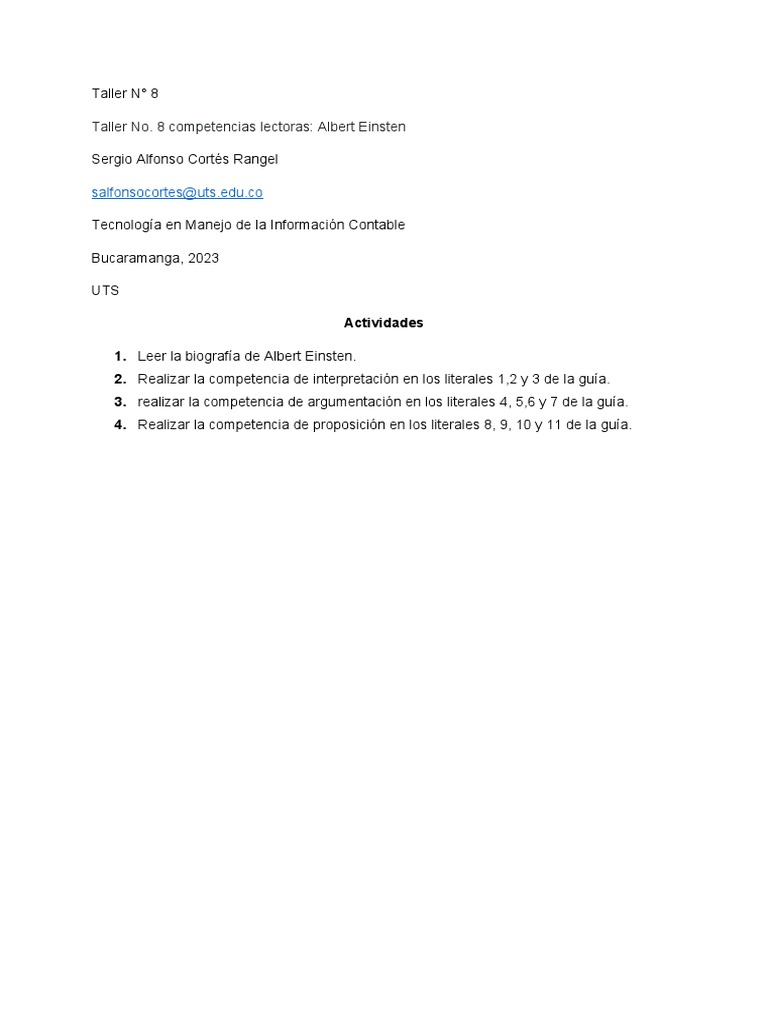 Taller sobre Albert Einstein y competencias lectoras | PDF | Albert ...
