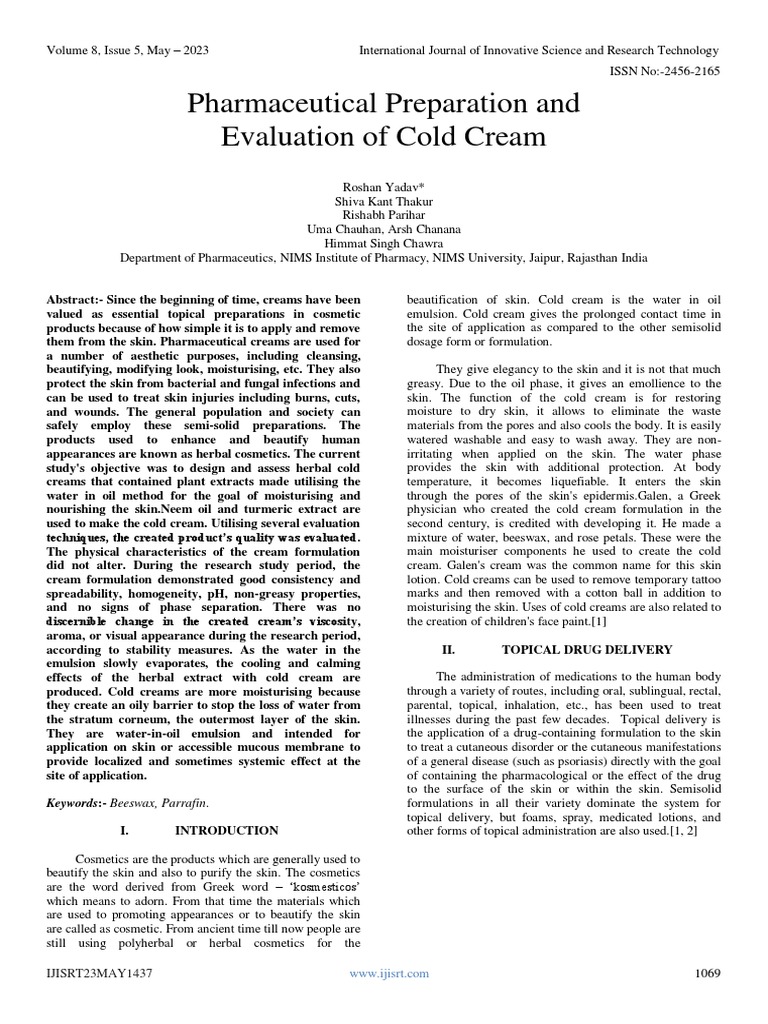 Pharmaceutical Preparation and Evaluation of Cold Cream | PDF | Epidermis