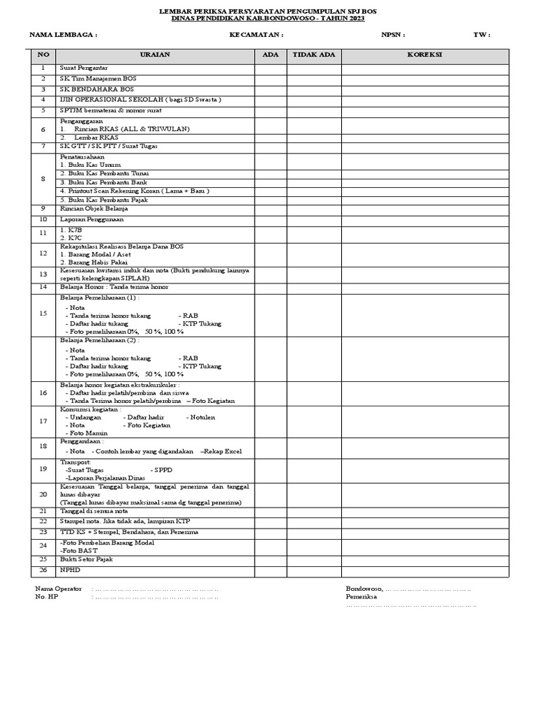 Lembar Periksa Persyaratan Pengumpulan SPJ Bos Swasta 2023 | PDF