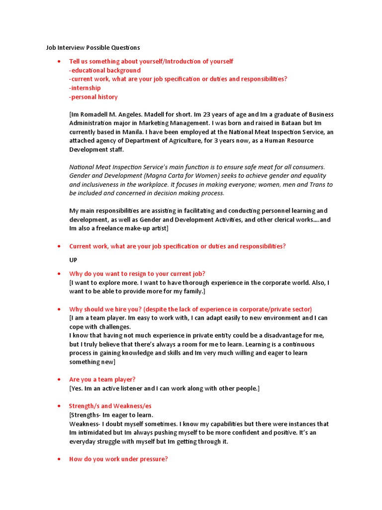 Job Interview Possible-Questions | PDF | Job Interview | Gender And Development