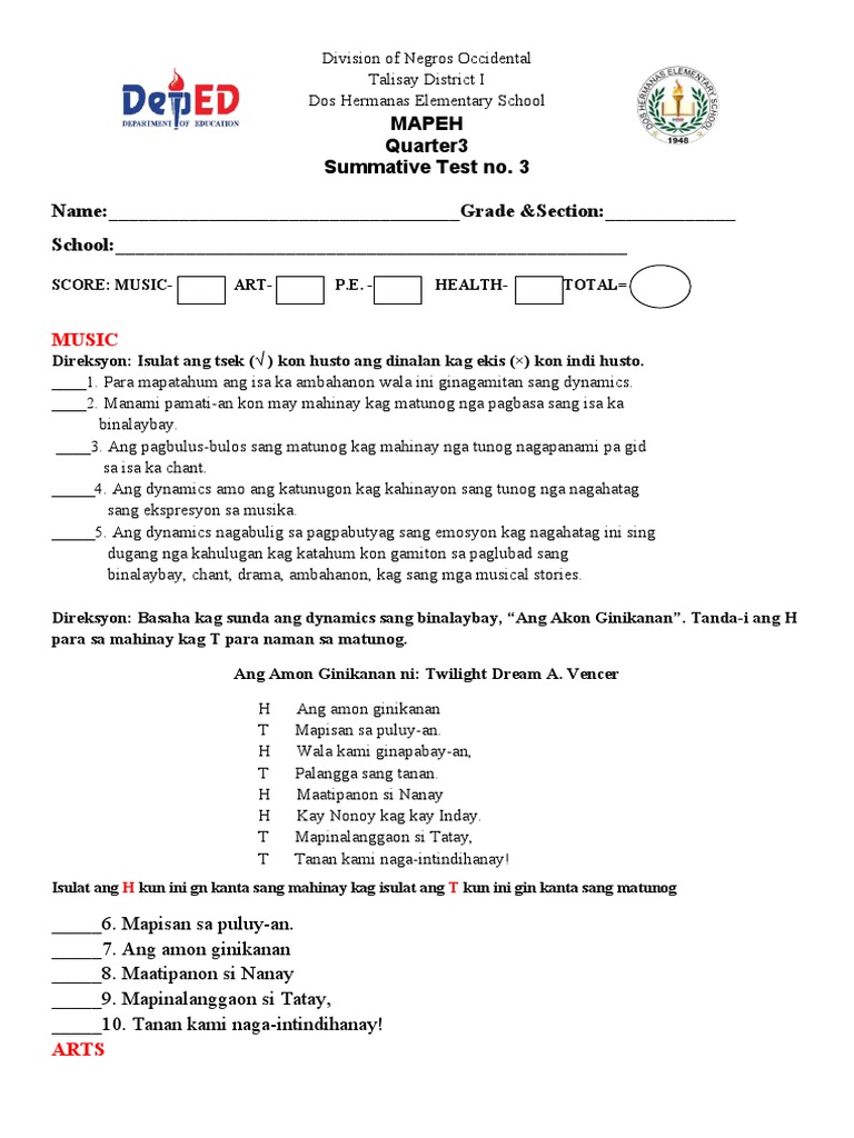 Mapeh 1, QUARTER 3, GRADE 1 | PDF