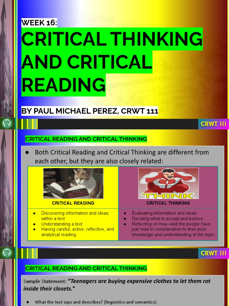 Week 16 - Critical Thinking and Critical Reading (PPT Version) | PDF ...