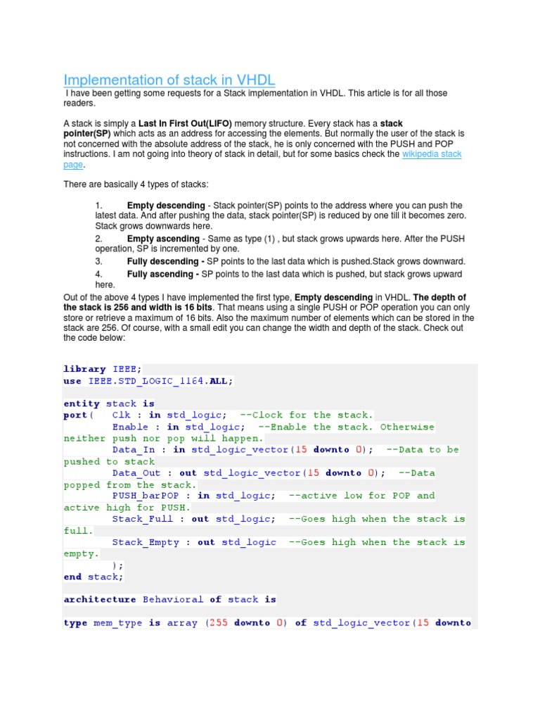 Implementation of Stack in VHDL | PDF | Pointer (Computer Programming) | Areas Of Computer Science