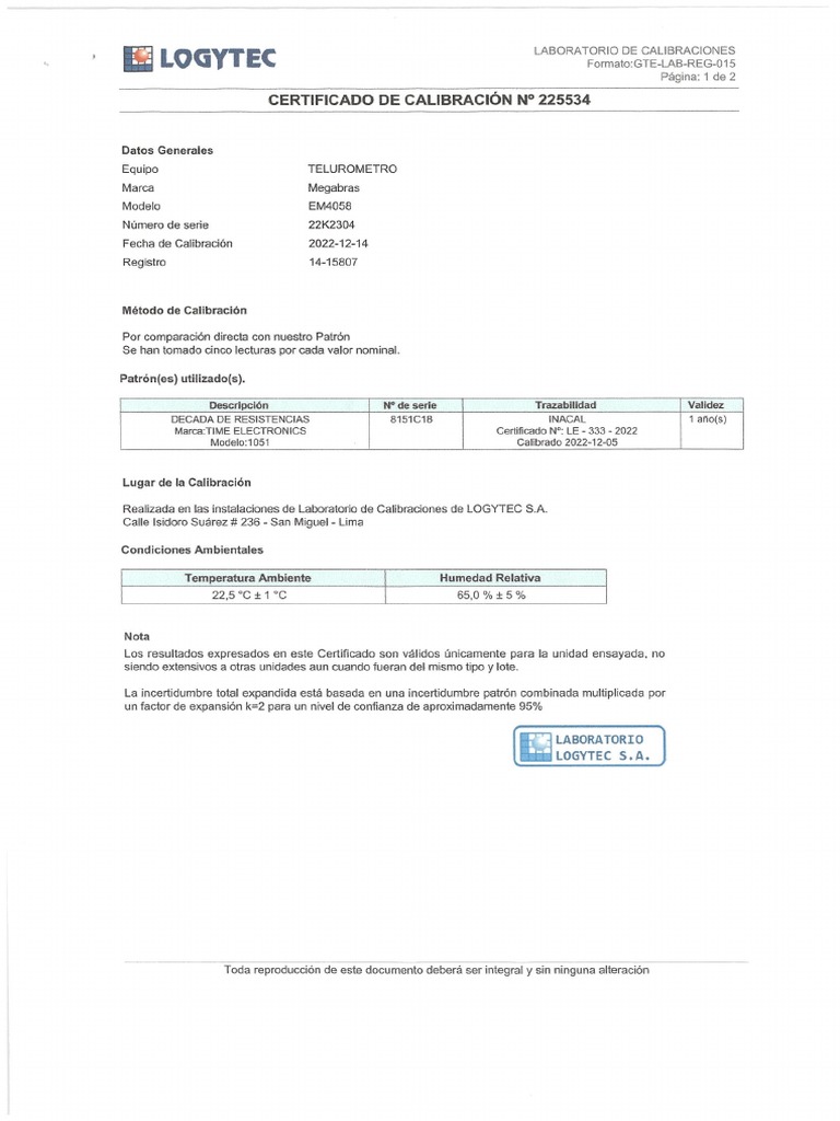 Certificado de Calibración EM4058 - 2022 | PDF | Calibración | Metrología