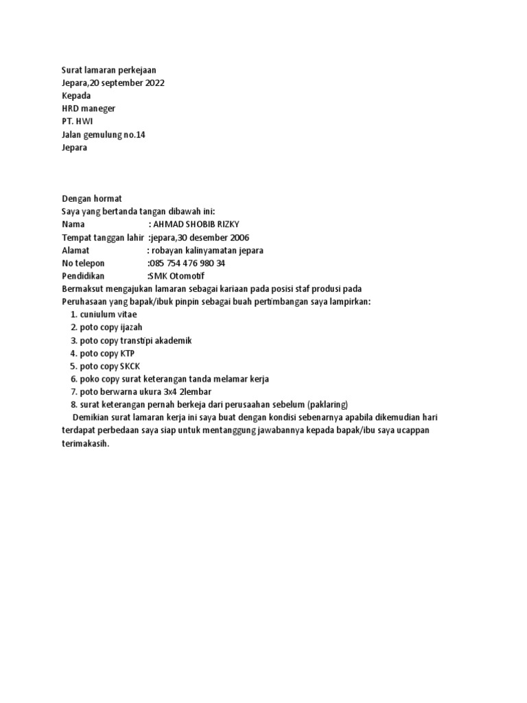 Surat Lamaran Perkejaan Yuda Dan Shobib Boss X TKRO 2 | PDF