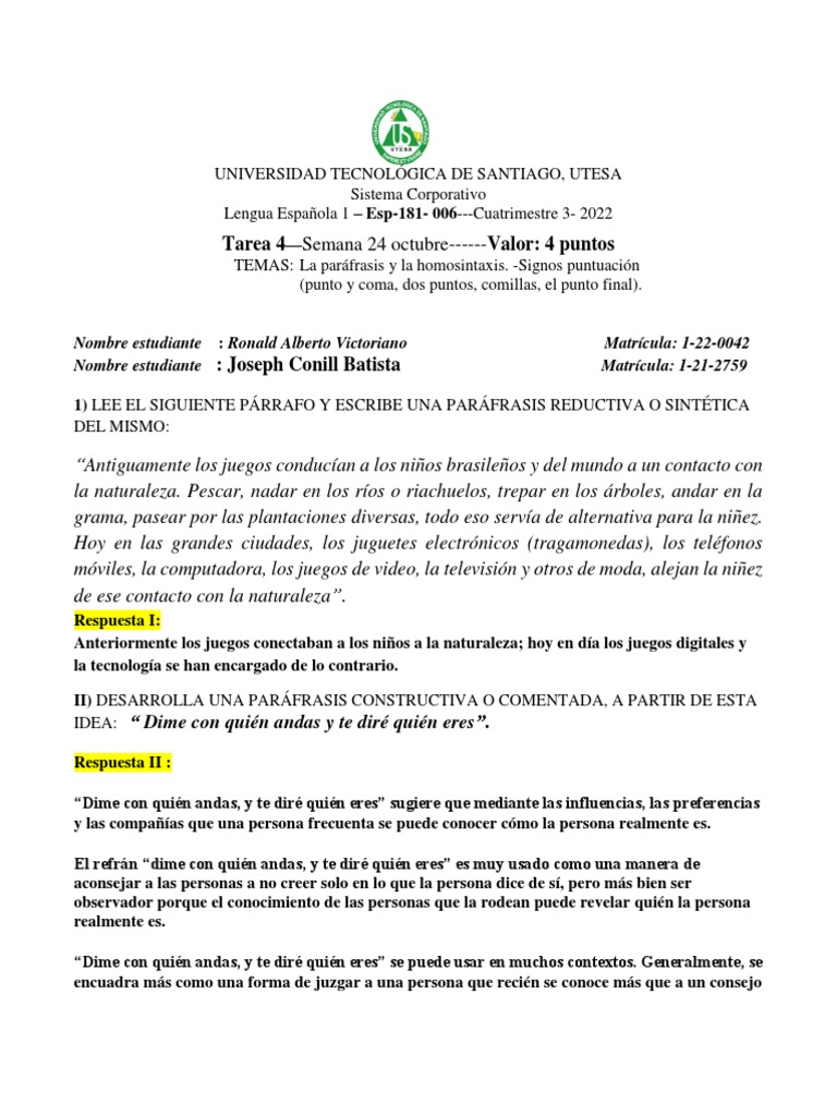 Tarea 4-Paráfras,homosint, sign punt- 3-22 ,1-22-0042(1) | PDF