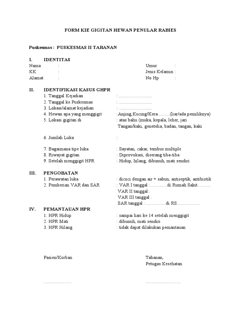 Form Kie Gigitan Hewan Penular Rabies | PDF
