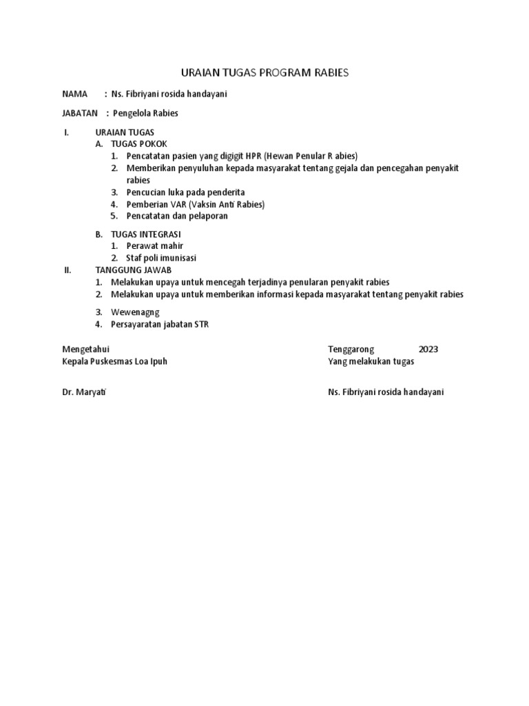 Uraian Tugas Program Rabies | PDF