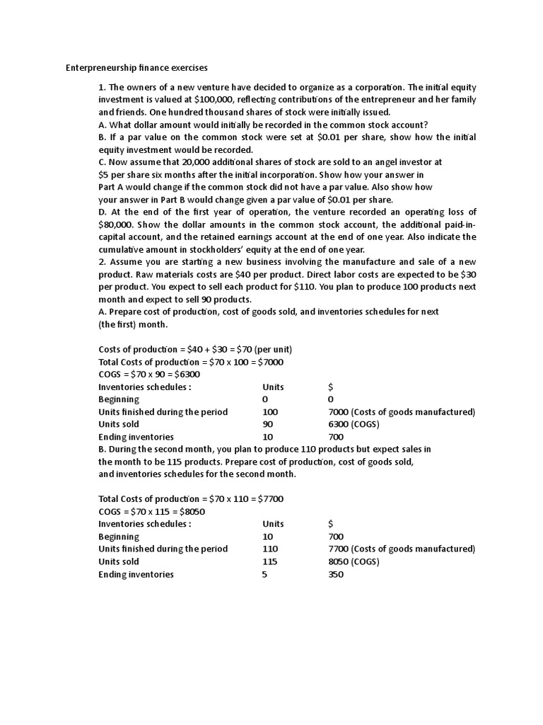 Enterpreneurship Finance Exercises 4-6 | PDF | Expense | Cost Of Goods Sold
