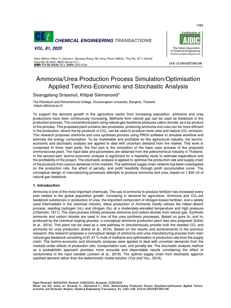 Ammonia-Urea Production Process Simulation-Optimisation Apllied Techno-Economic and Stochastic ...