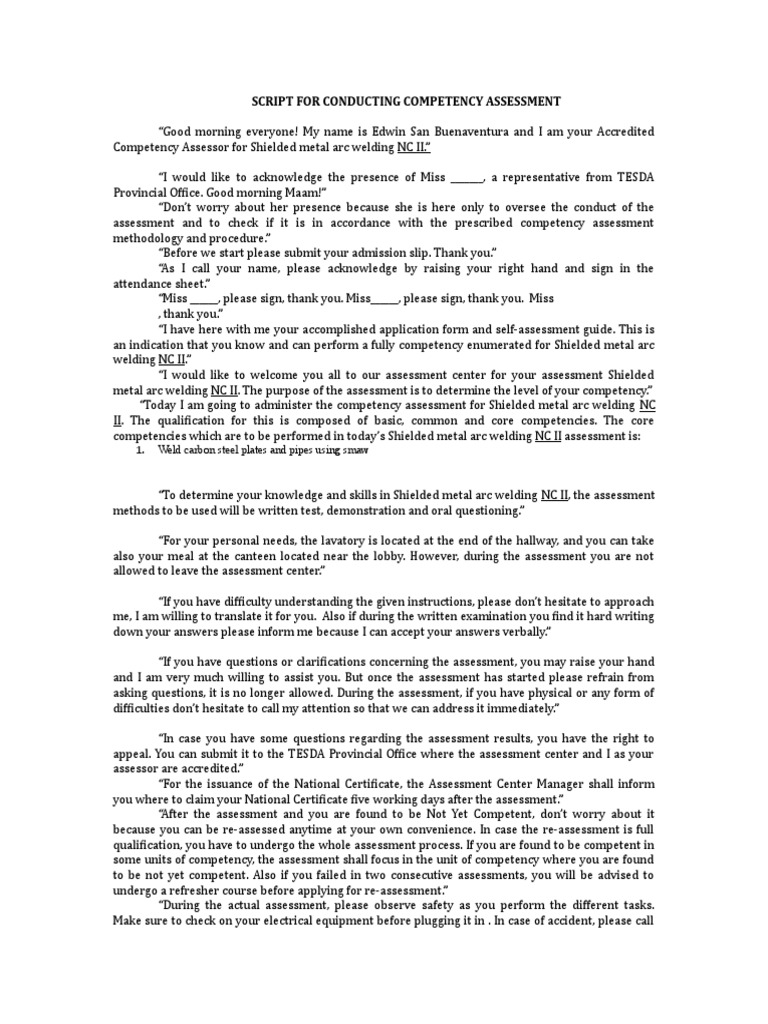 Script For Conducting Competency Assessment | PDF | Welding | Construction