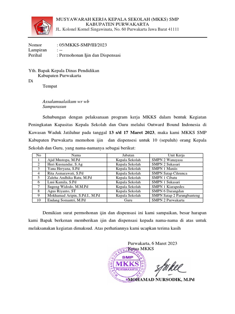 SURAT Permohonan Ijin Dan Dispensasi | PDF
