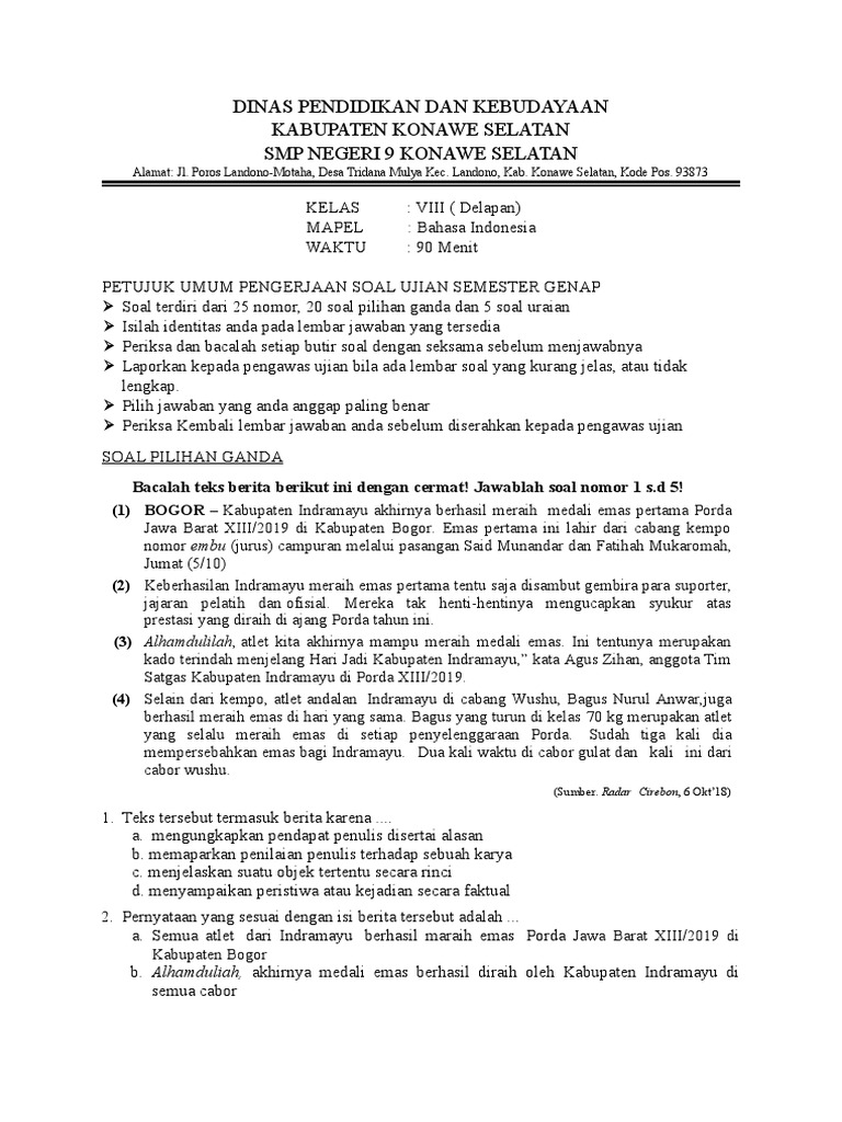 Soal Bhs Indonesia Semester Genap Kls 8 | PDF | Seni & Disiplin Bahasa