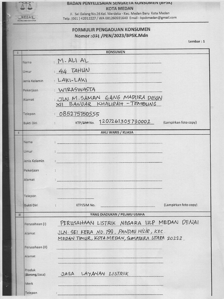 Fomulir Pengaduan Konsumen No.021.PEN.2023.BPSK - 0001 | PDF