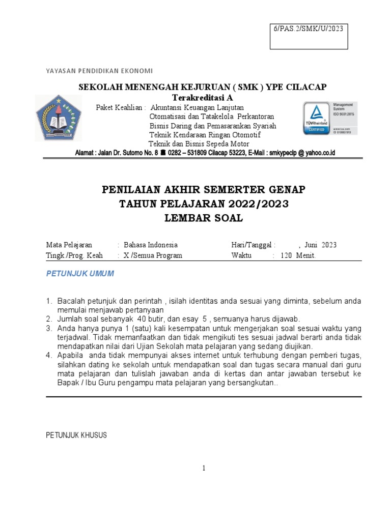 Soal X Pas Genap 2023 - Bhs Indonesia - Titik | PDF