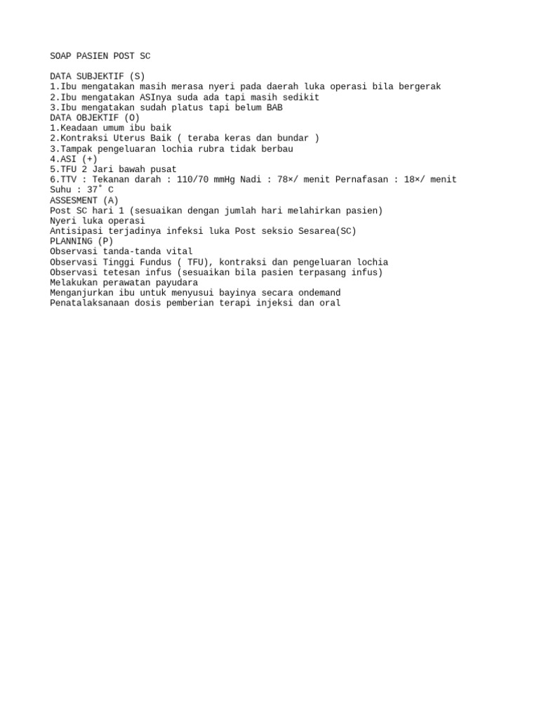 Soap Pasien Post SC | PDF