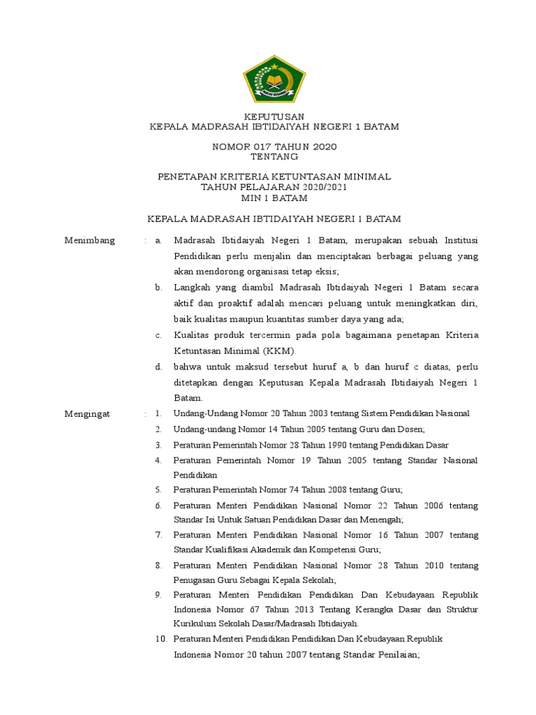 SK Kriteria Ketuntasan Minimal KKM | PDF