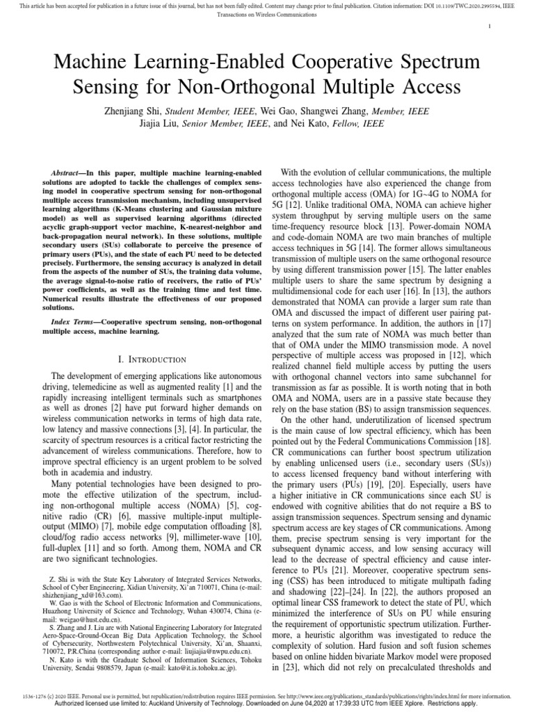 Machine Learning Enabled Cooperative Spectrum Sensing For NOMAshi2020 | PDF | Cluster Analysis ...