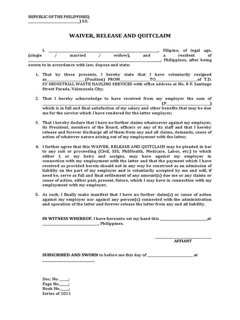 Waiver, Release and Quitclaim | PDF | Business | Justice