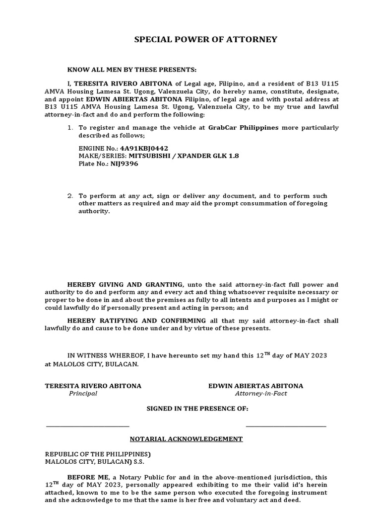 Special Power of Attorney for GrabCar | PDF | Politics | Social Science
