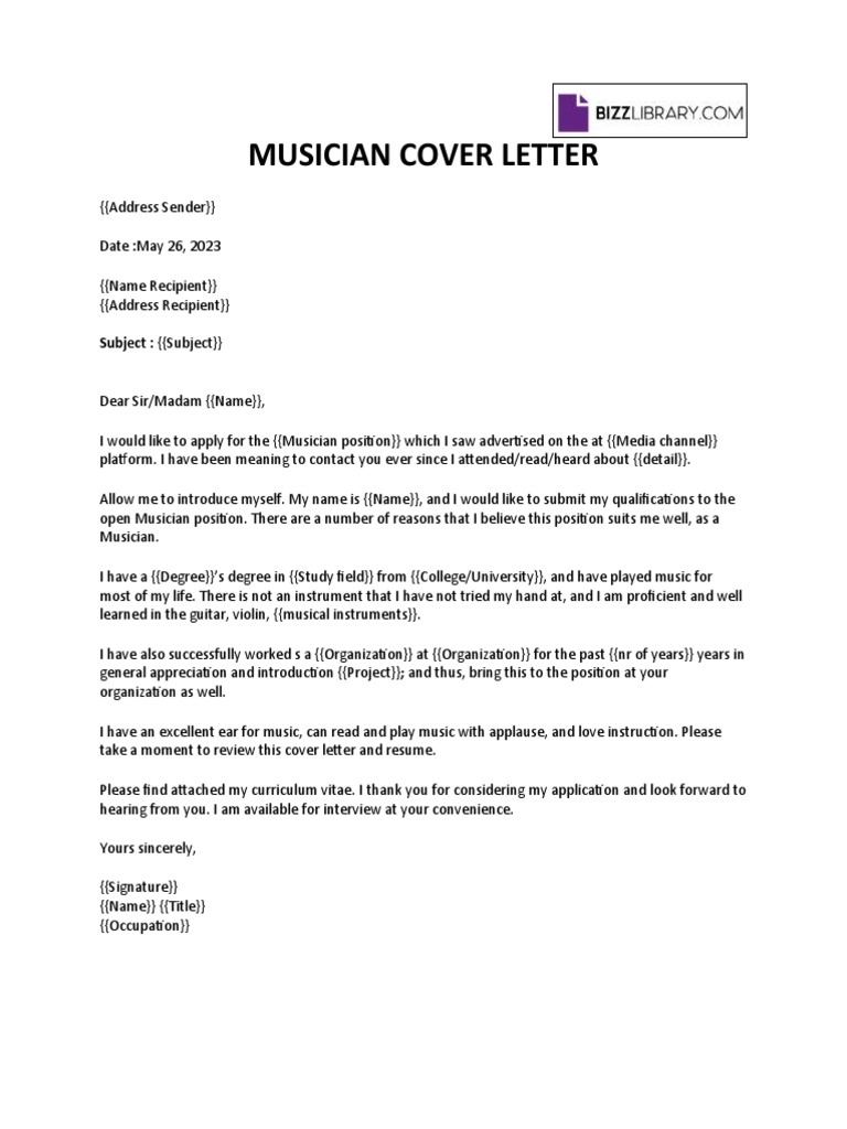 Musician Cover Letter BL | PDF | Performing Arts