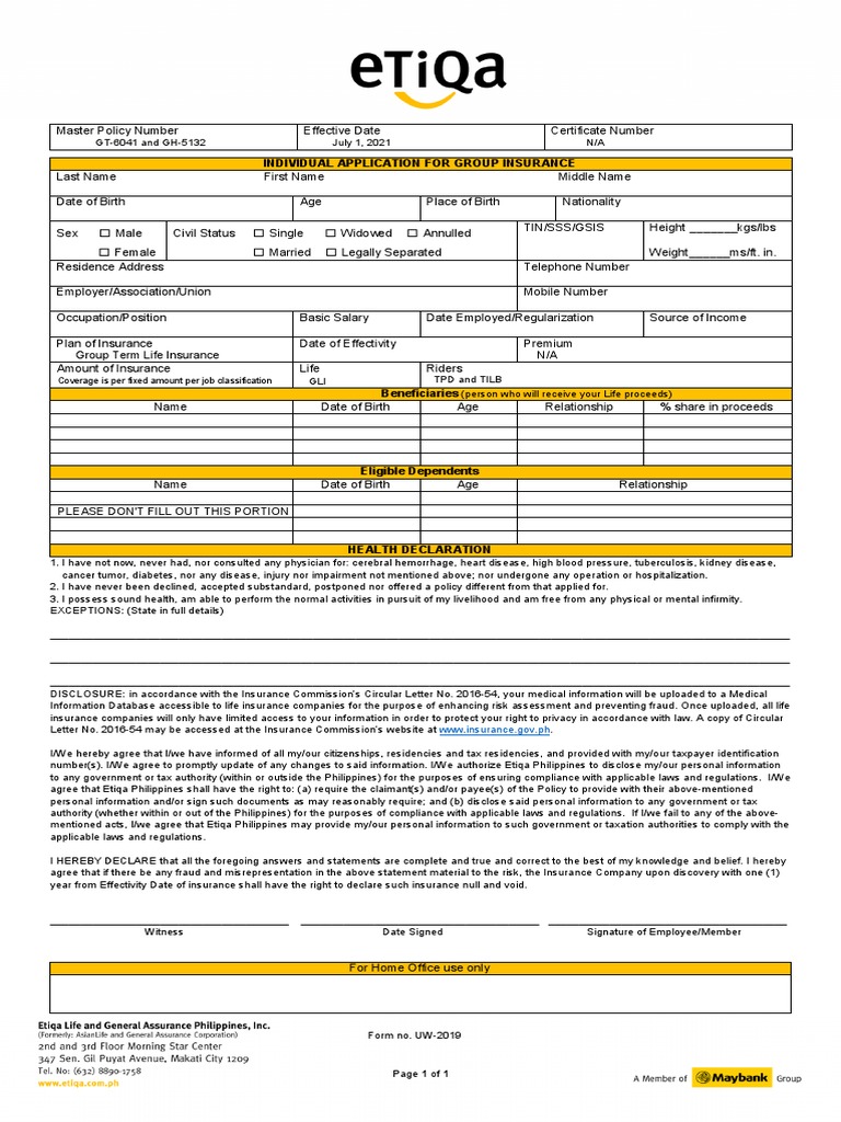 Etiqa Individual Insurance Application Form | PDF | Insurance | Life ...