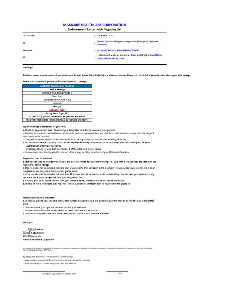 Endorsement Letter | PDF | Physical Examination | Health Care