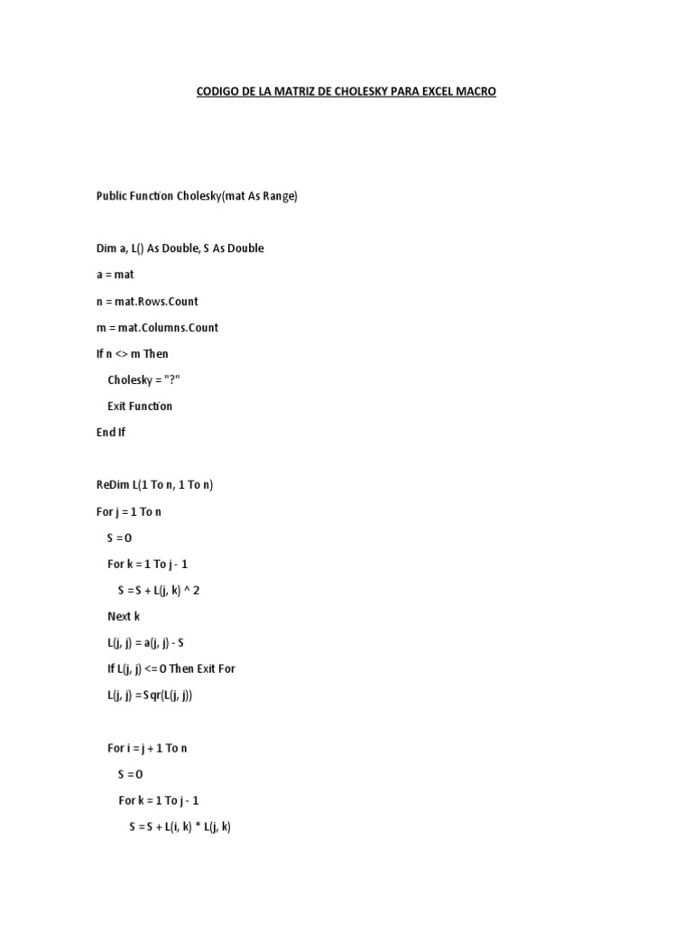 Codigo de La Matriz de Cholesky para Excel Macro | PDF